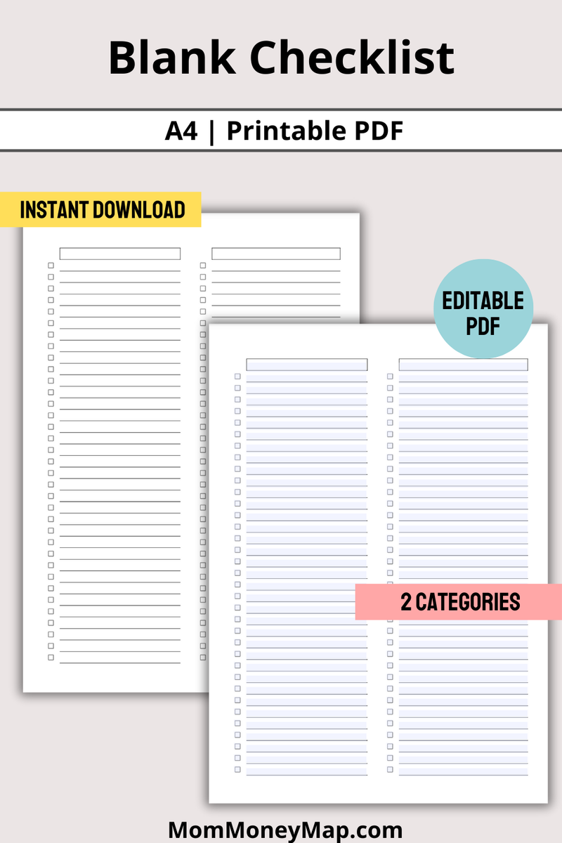 Blank Checklist Printable PDF A4 (2 Categories) – Mom Money Map