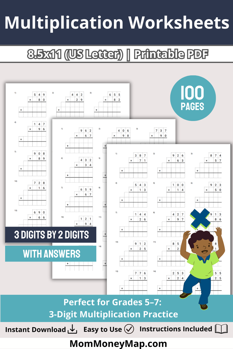 Multiplication 3 Digits by 2 Digits – 100 Pages Printable PDF – Mom ...