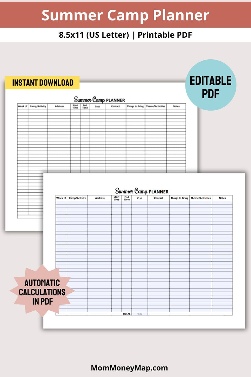 Summer Camp Planner Printable PDF – Mom Money Map