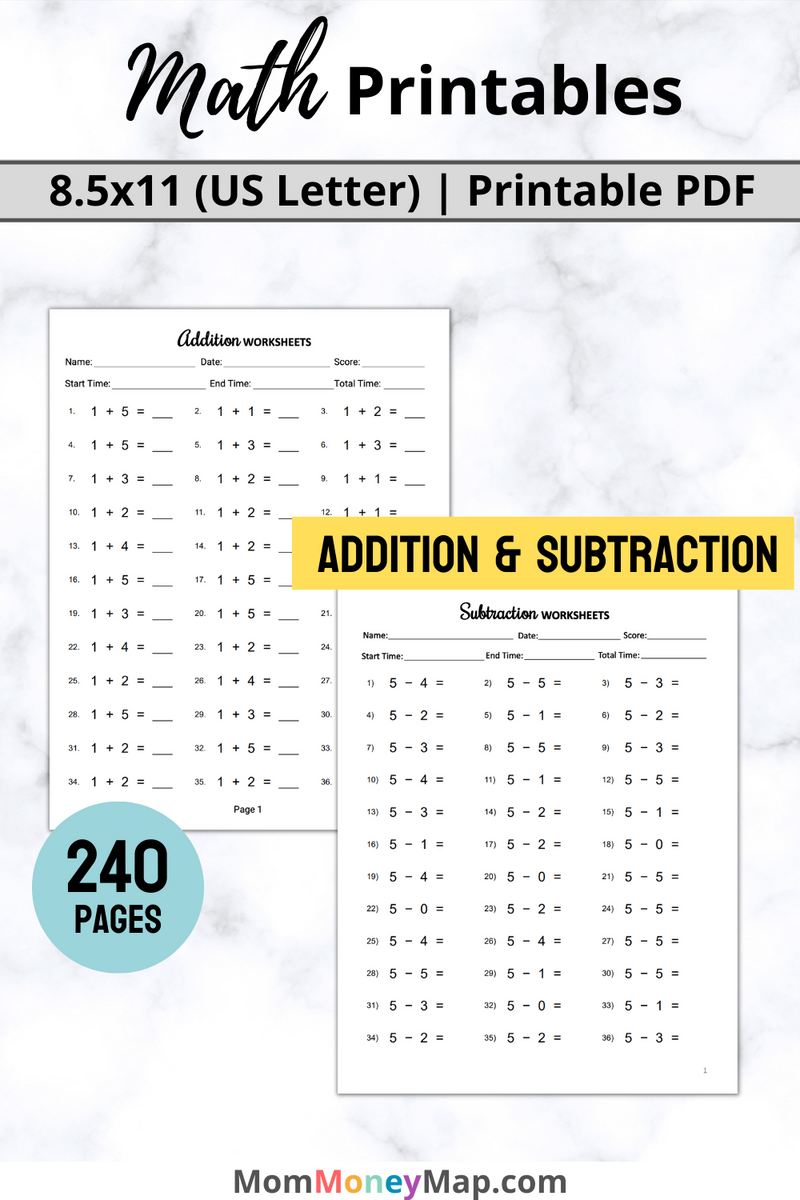Math Worksheets Printable PDF - Addition and Subtraction – Mom Money Map