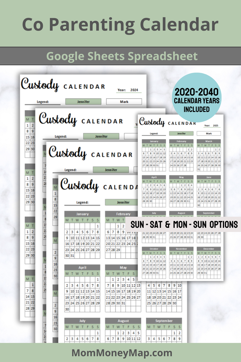 Co-Parenting Calendar Google Sheets Spreadsheet – Green Planner – Mom ...