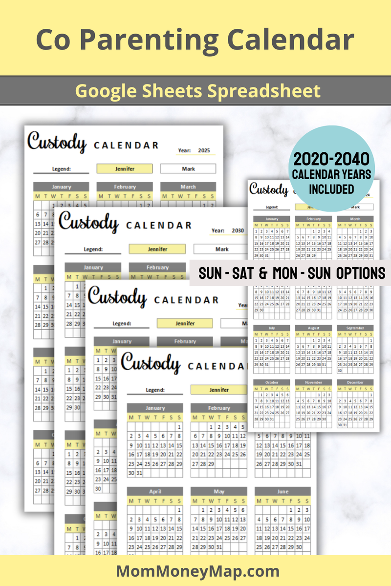 Co-Parenting Calendar Google Sheets Spreadsheet – Yellow Planner – Mom ...