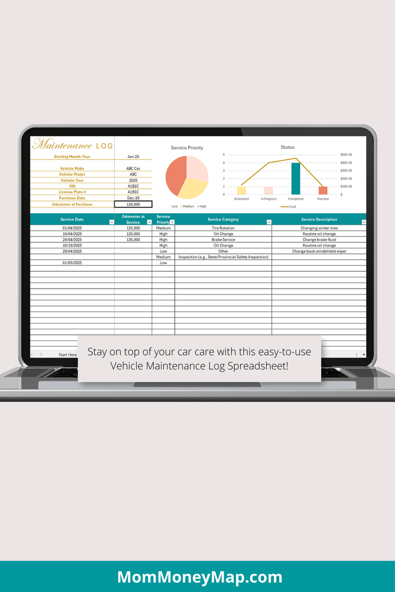 Vehicle Maintenance Log Excel Spreadsheet with Monthly Summary Tracker – Mom Money Map