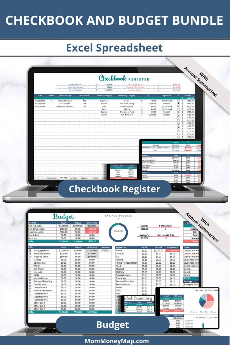 Checkbook and Monthly Budget with Annual Summaries Bundle Excel Spread ...