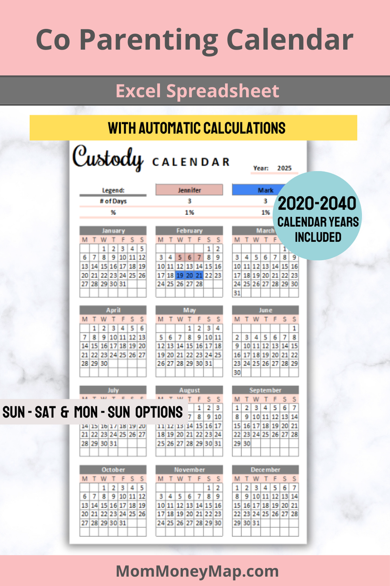 Co-Parenting Calendar Excel Spreadsheet with Automatic Calculations ...