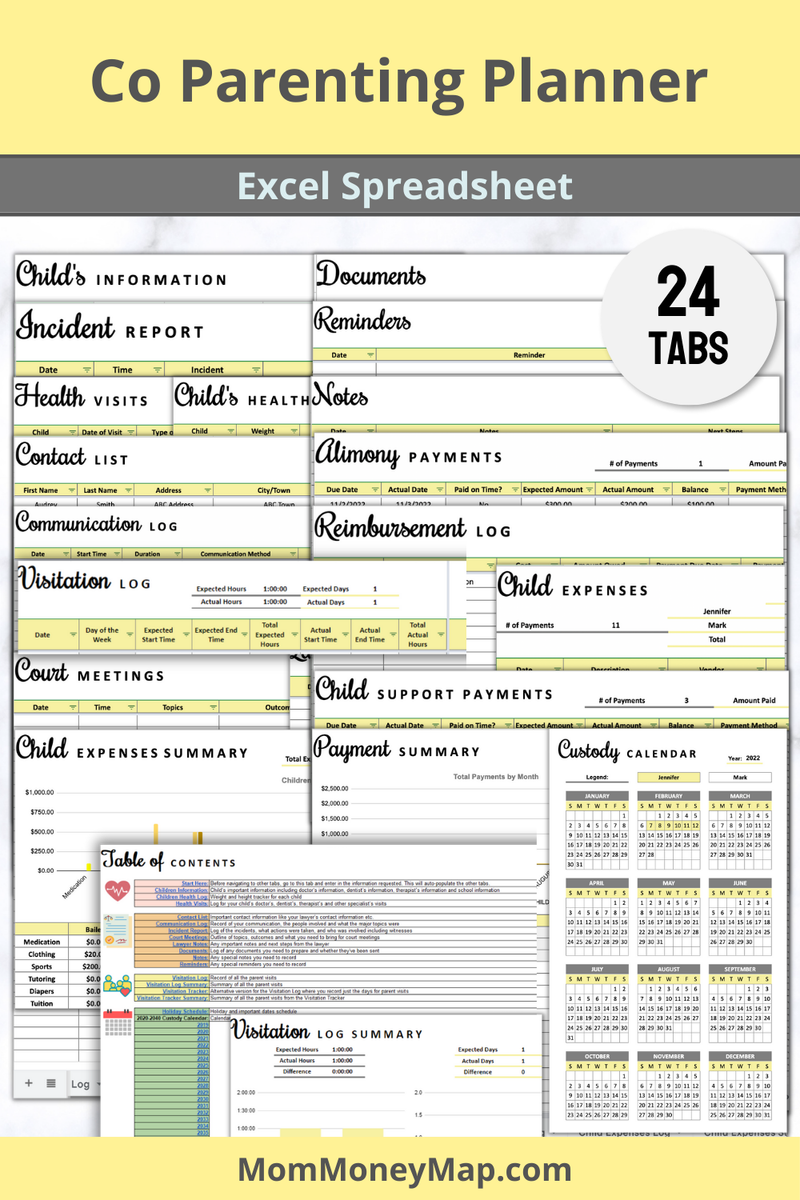 Co-Parenting Planner Excel Spreadsheet - Yellow – Mom Money Map