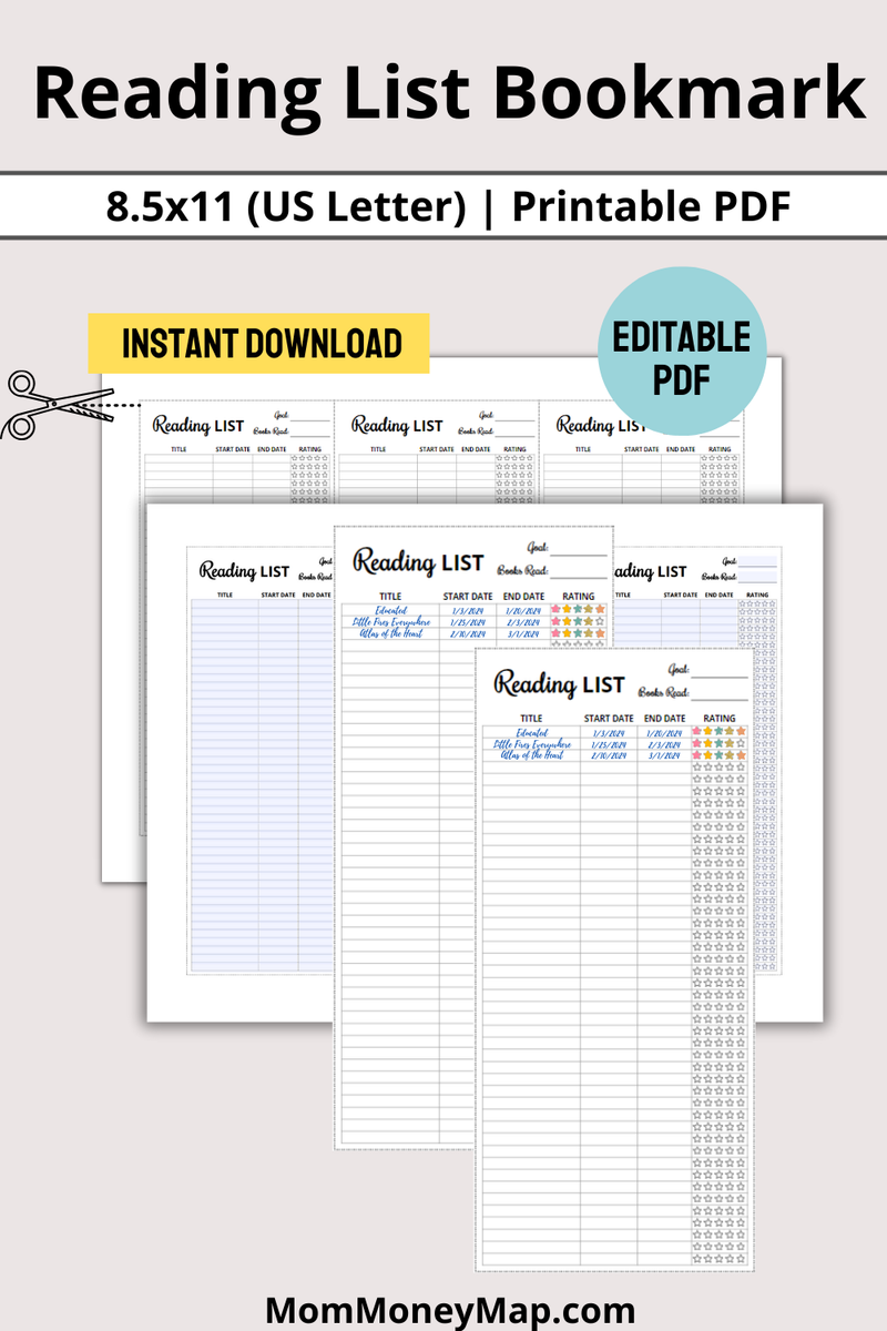 Reading List Bookmark Printable PDF for Students & Book Lovers – Mom ...