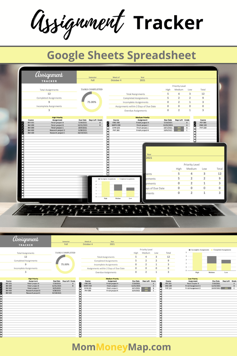 Assignment Tracker Google Sheets – Yellow Homework & Task Organizer ...