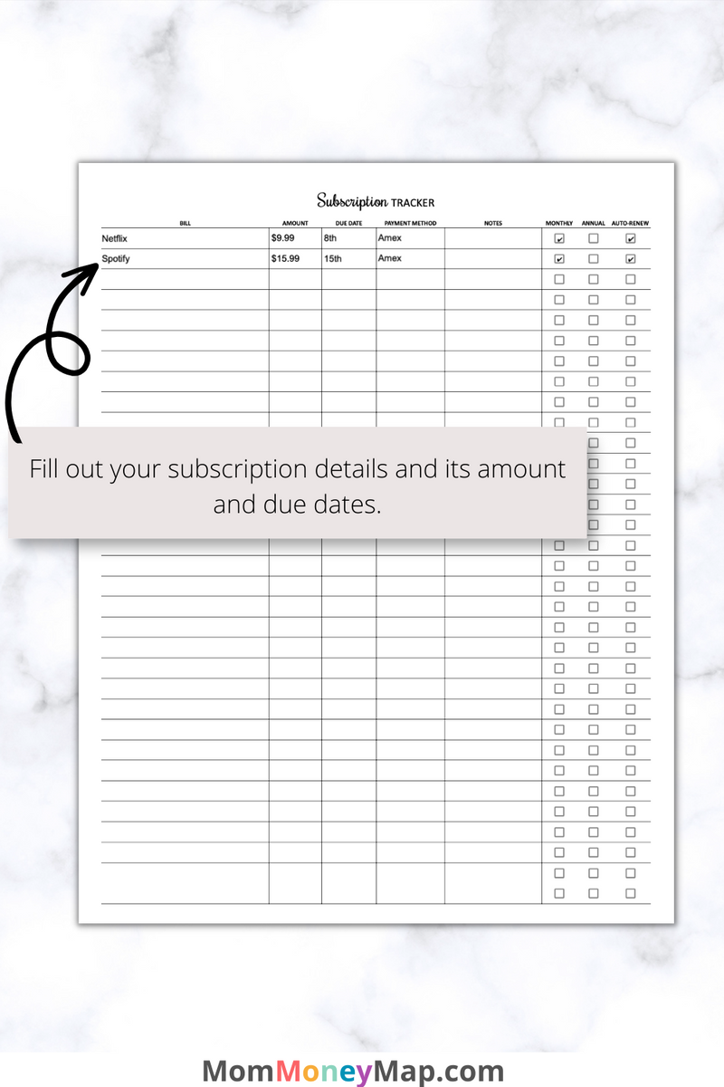 Subscription Tracker Printable PDF – Mom Money Map