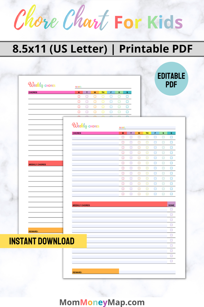 Multi-Color Chore Chart for Kids Printable PDF – Mom Money Map