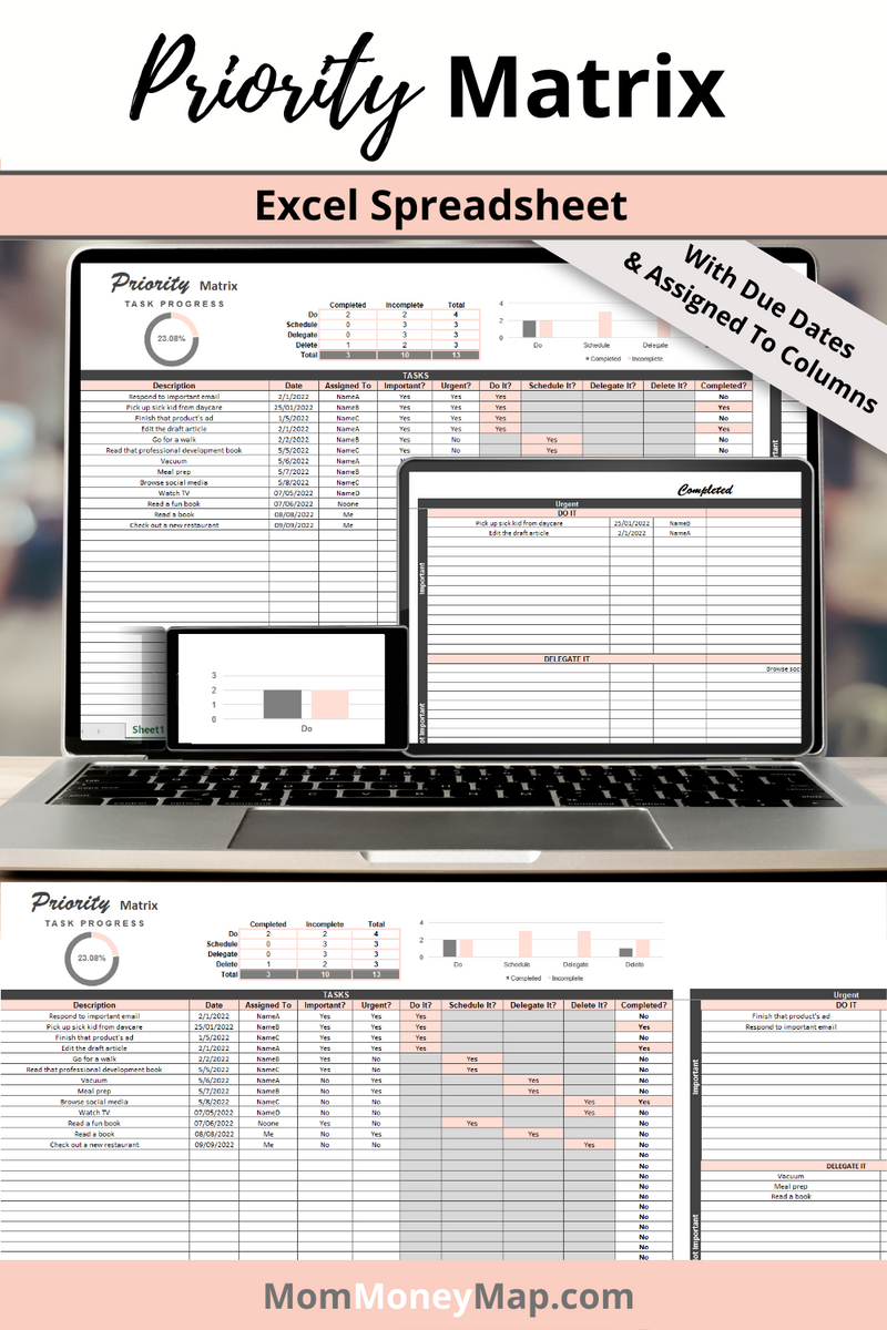 Priority Matrix Excel Spreadsheet with Due Dates and Assign Column ...