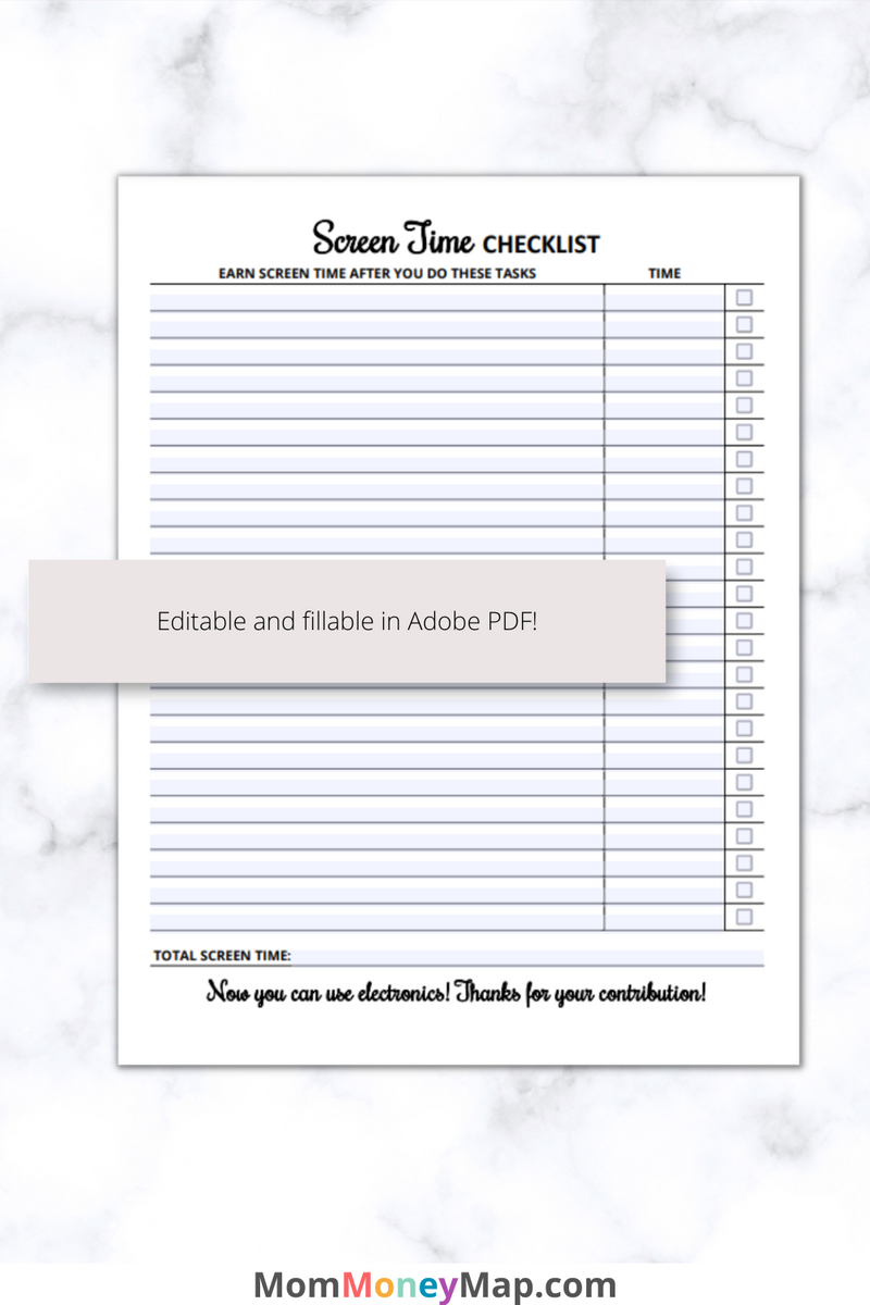 Screen Time Checklist Printable PDF – Mom Money Map