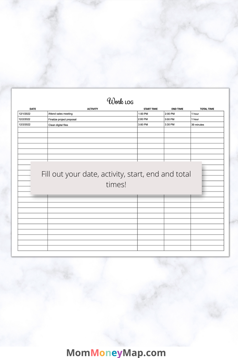 Work Log Printable PDF – Landscape Daily Task & Time Tracker – Mom ...