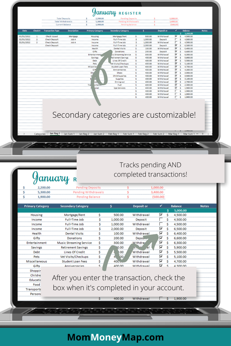 2 Checkbook Registers Excel Spreadsheet with Monthly & Annual Summarie ...