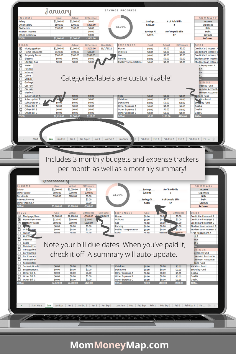 Monthly (3/month) Budgets and Annual Summaries Excel Spreadsheet – Mom ...