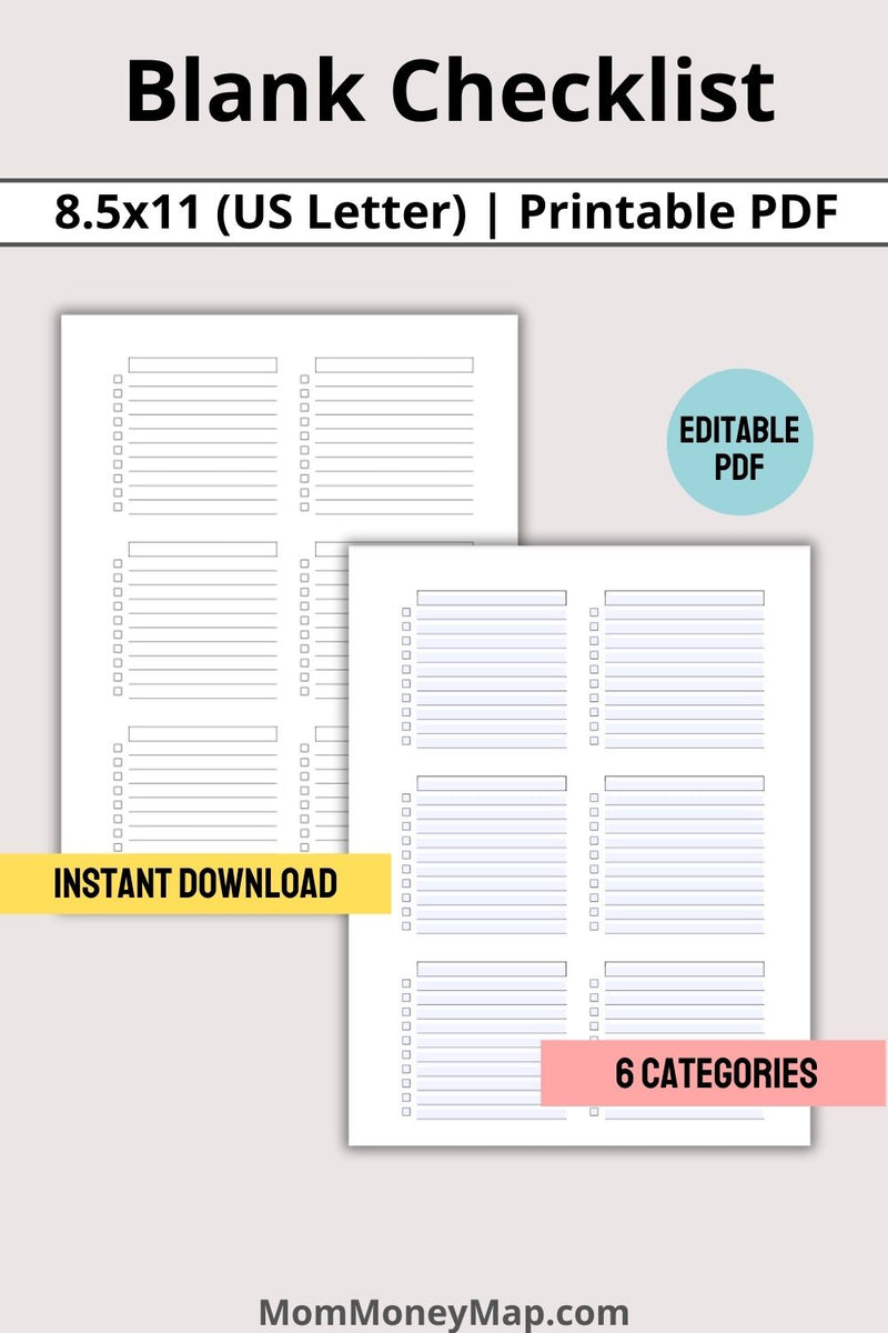 Blank Checklist Printable PDF - 8.5" x 11" US Letter - 6 categories ...