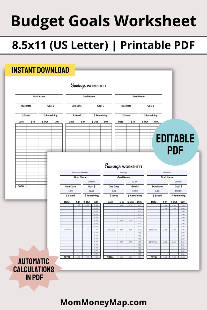 Budget Goals Worksheet Printable PDF for Financial Planning – Mom Money Map