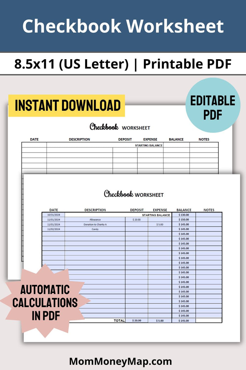 Checkbook Worksheet Printable PDF – Mom Money Map