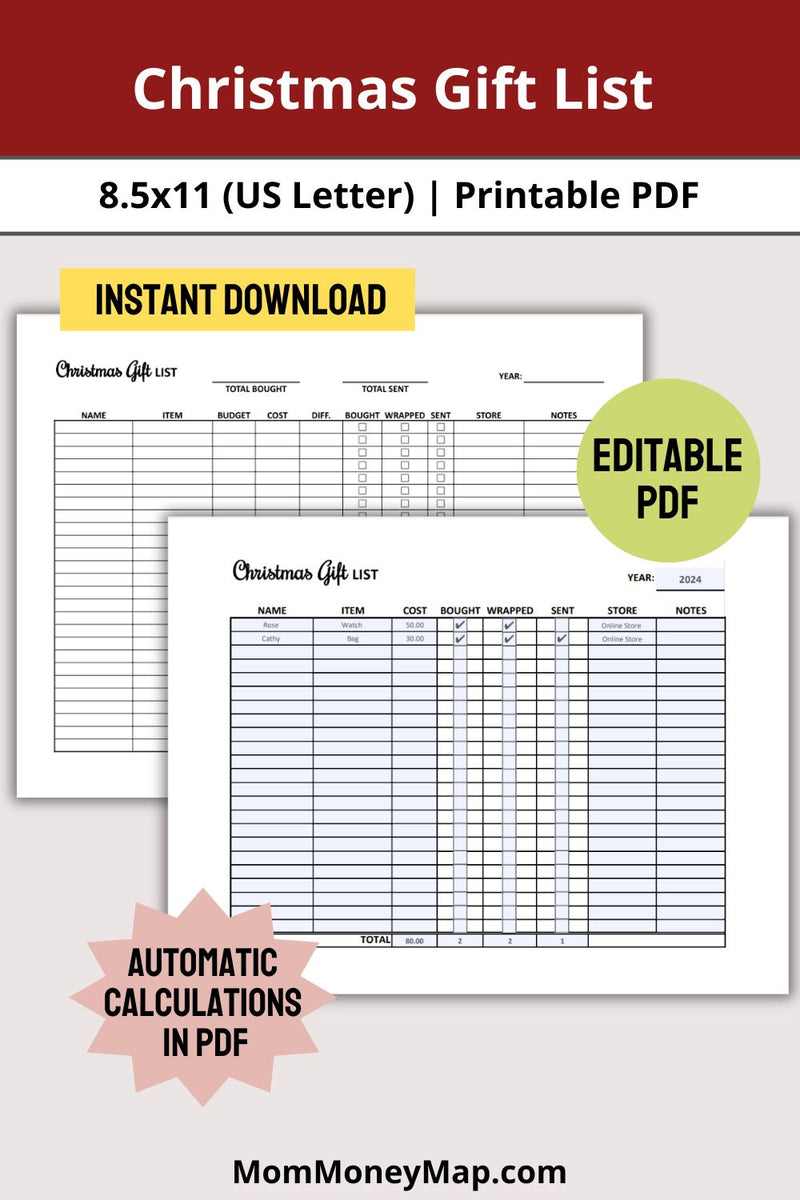 Christmas Gift List Printable PDF for Holiday Planning & Organization ...