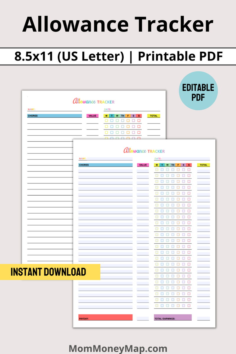 Allowance Tracker Printable PDF - Multi-Color – Mom Money Map