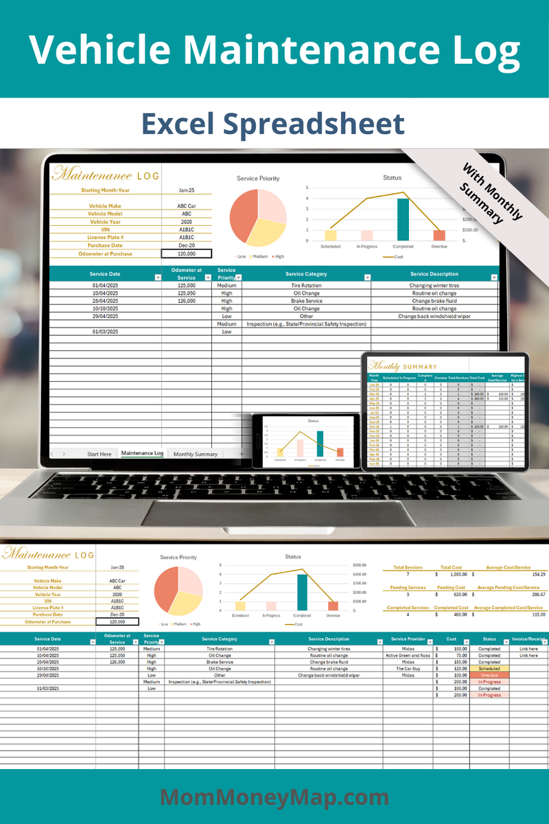 Vehicle Maintenance Log Excel Spreadsheet with Monthly Summary Tracker ...