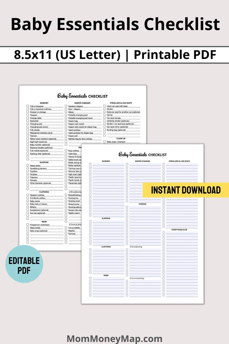 Baby Essentials Checklist Printable PDF | Newborn Prep – Mom Money Map
