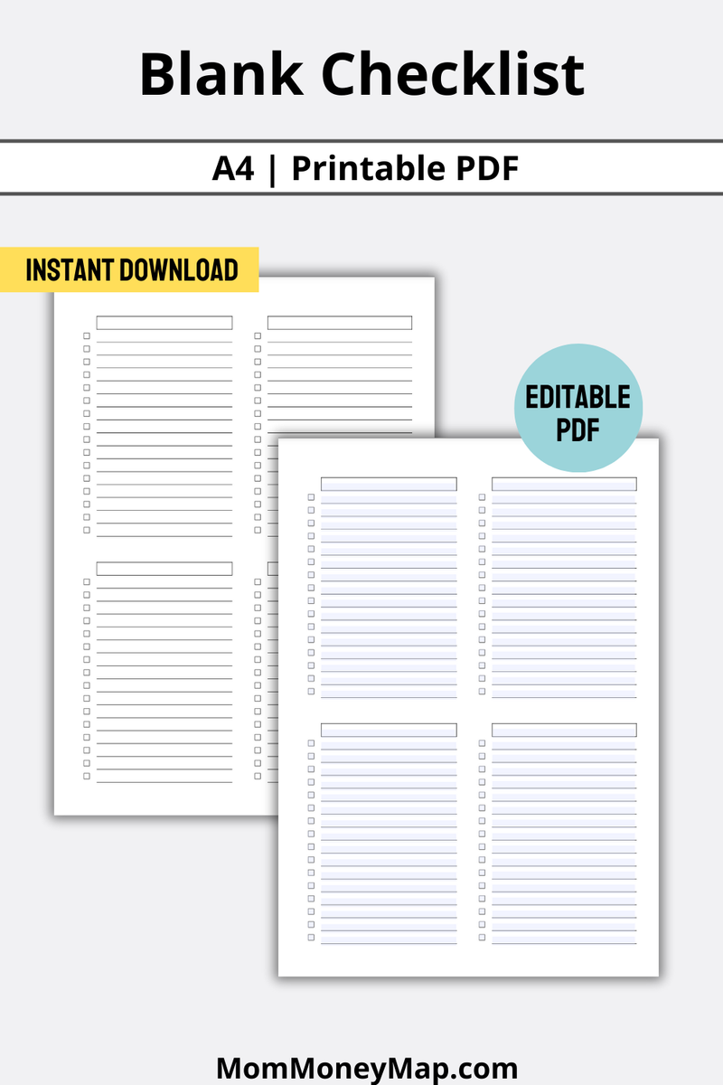 Blank Checklist Printable PDF A4 – Mom Money Map