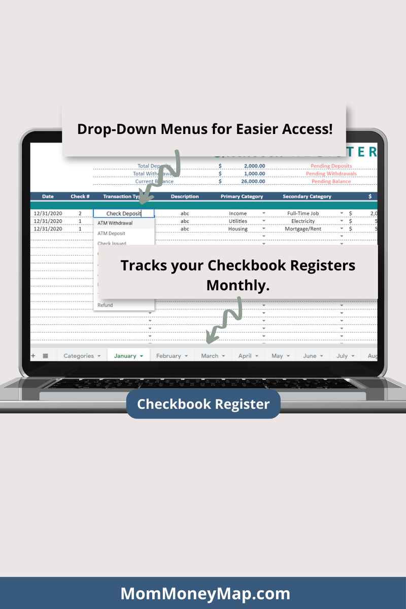 Checkbook & Monthly Budget Bundle with Annual Summaries Google Sheets ...