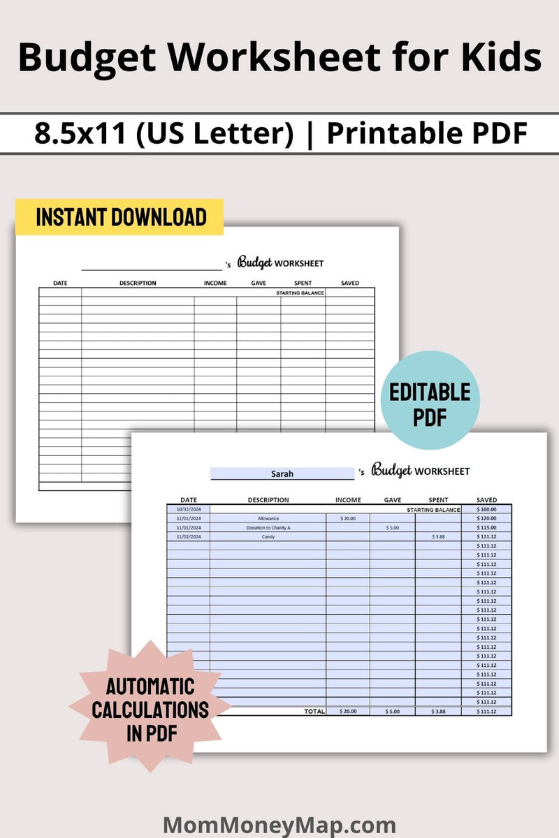 Budget Worksheet for Kids Printable PDF – Mom Money Map