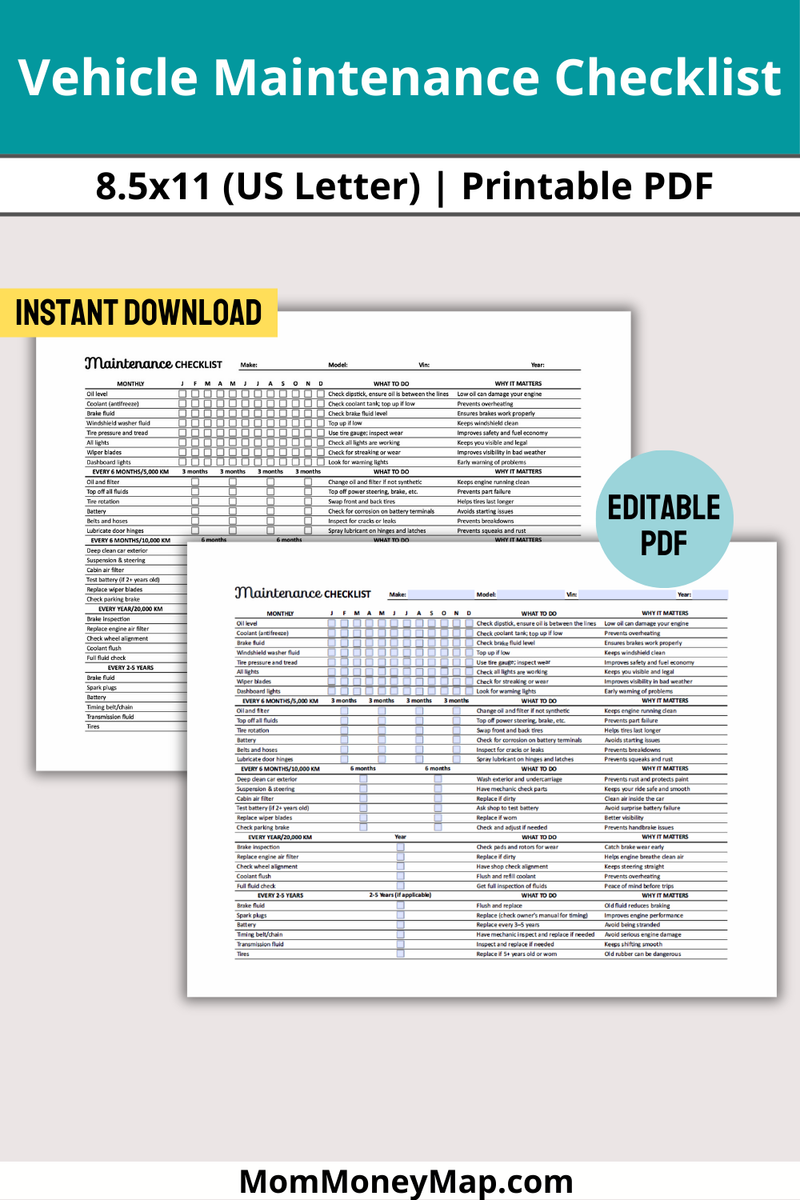Vehicle Maintenance Checklist Printable PDF for Cars & Trucks – Mom ...