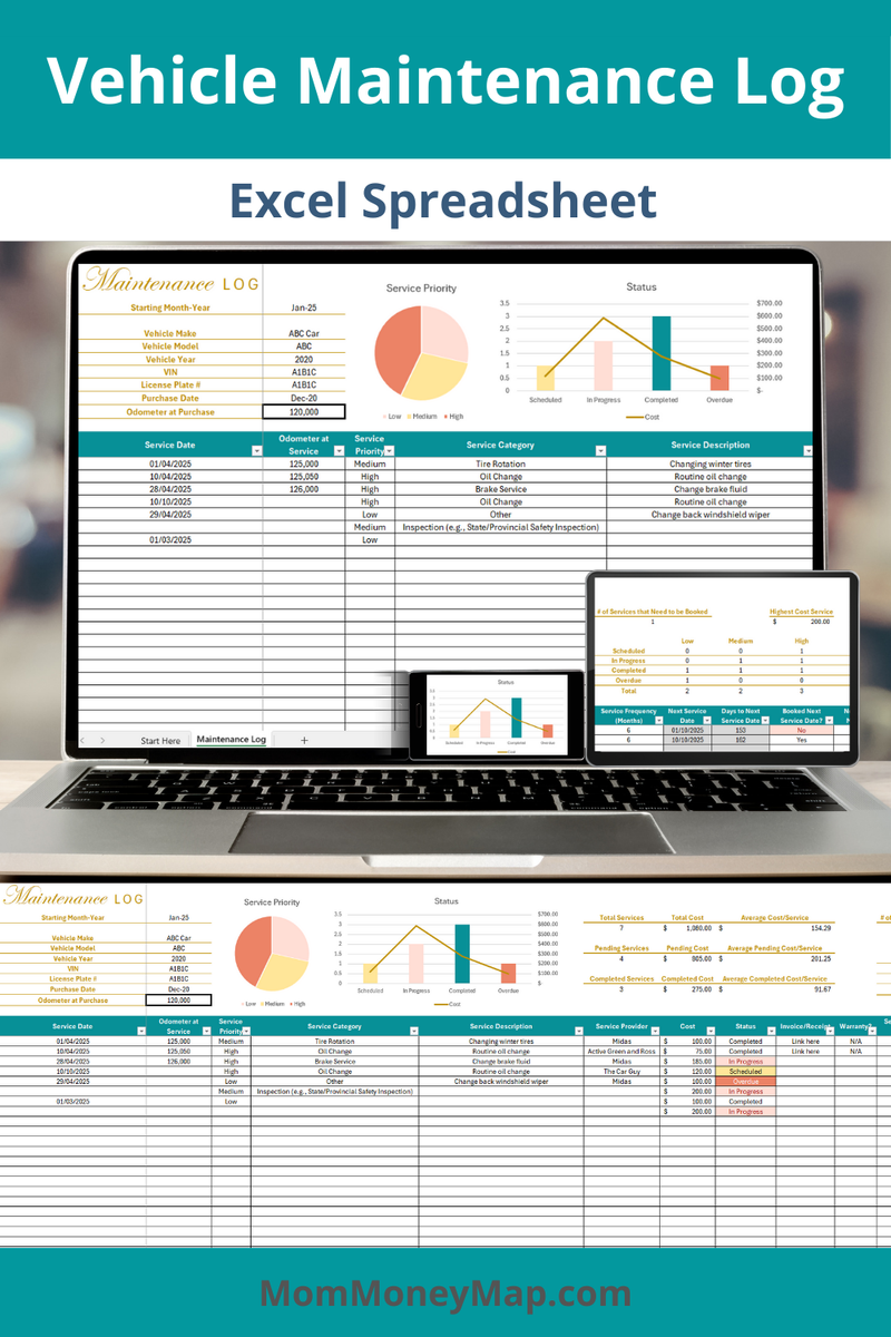 Vehicle Maintenance Log Excel Spreadsheet Car & Truck Service Tracker – Mom Money Map