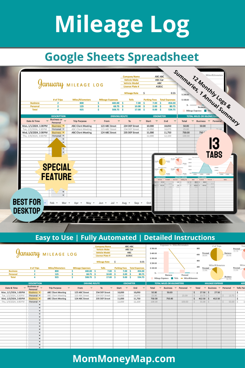 Mileage Log Google Sheets Spreadsheet - 12 Months Business vs. Persona ...