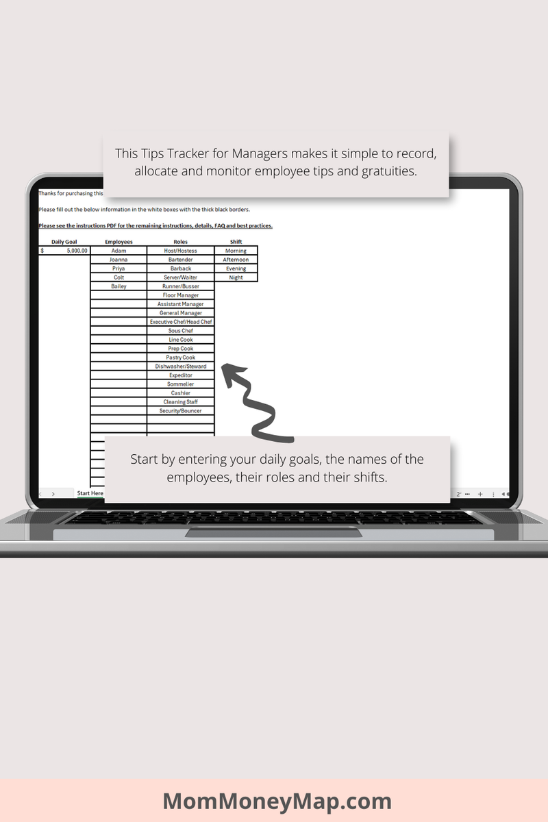 Tips Tracker for Managers Excel Spreadsheet with Daily and Monthly Sum ...
