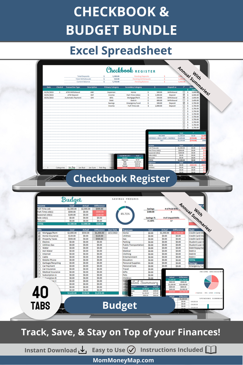 Checkbook and Monthly Budget with Annual Summaries Bundle Excel Spread ...