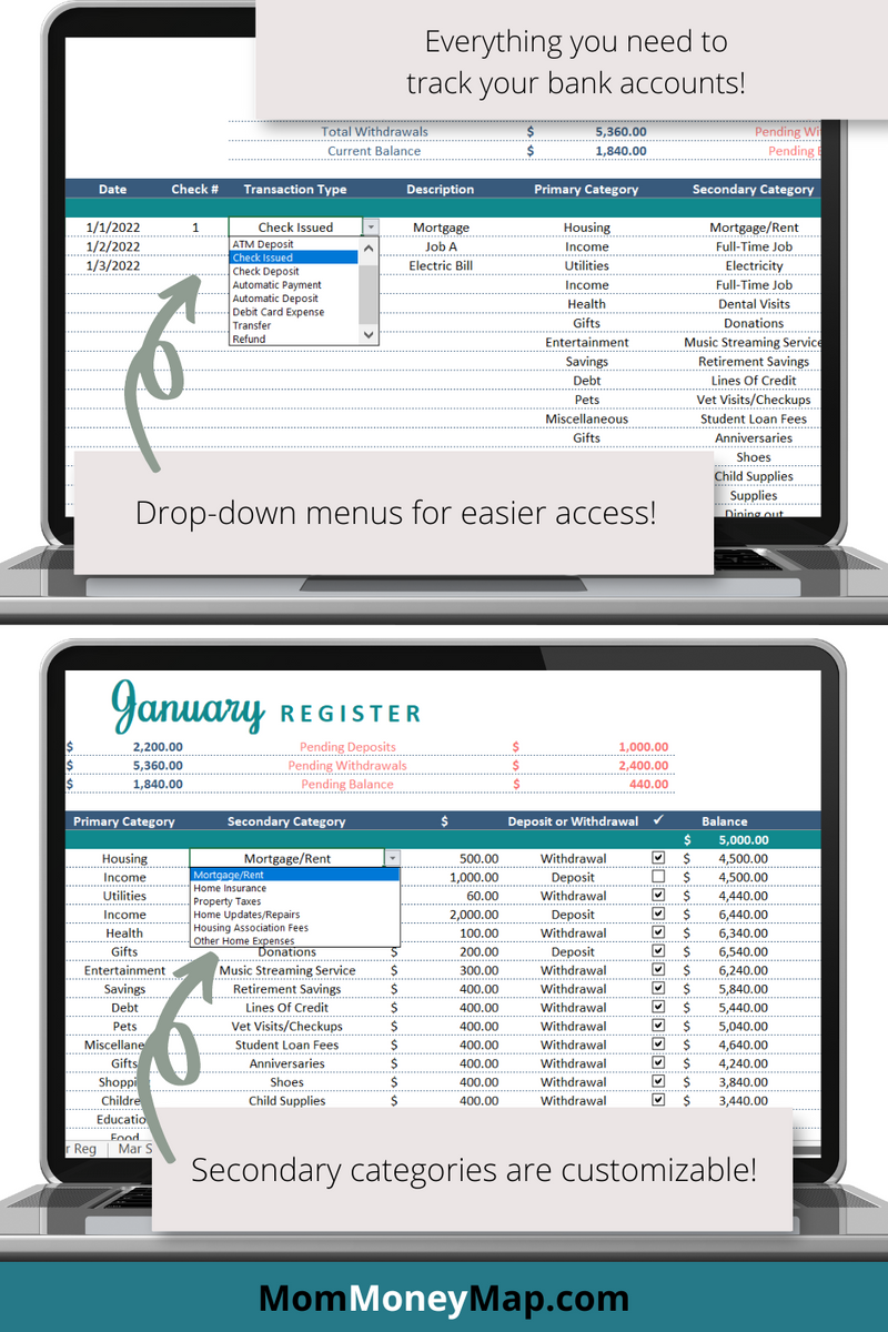Checkbook Register Excel Spreadsheet with Monthly & Annual Summaries ...