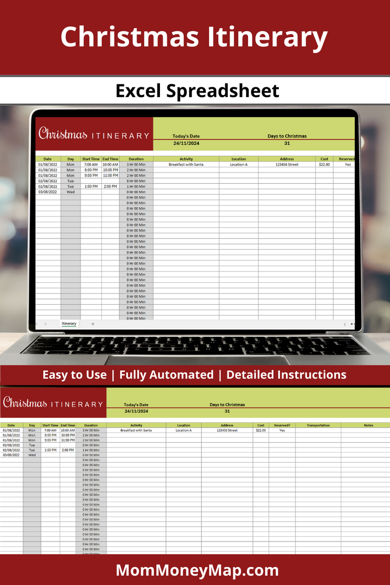 Christmas Itinerary Excel Spreadsheet – Mom Money Map