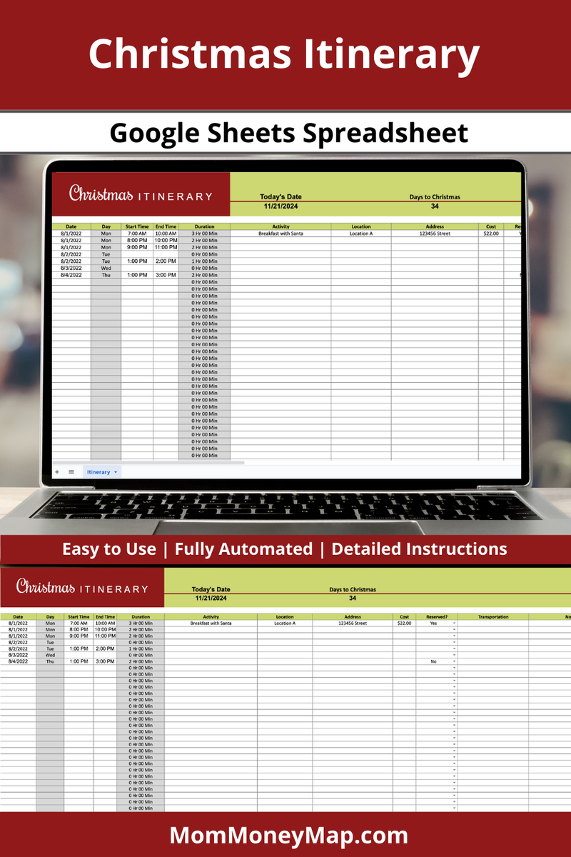 Christmas Itinerary Google Sheets Spreadsheet for Holiday Planning ...