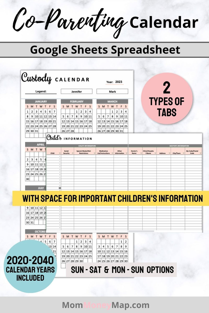 Co-Parenting Calendar with Child Information Google Sheets Spreadsheet ...