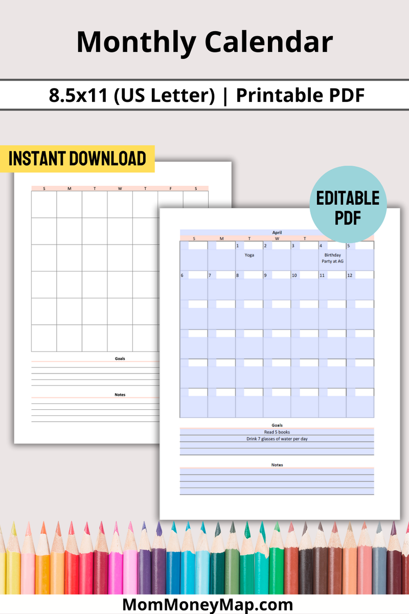 Blank Monthly Calendar Color Printable PDF for Planning & Organization ...