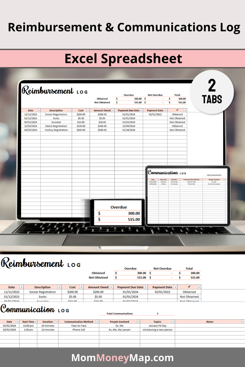 Coparenting Reimbursement and Communications Log Excel Spreadsheet ...