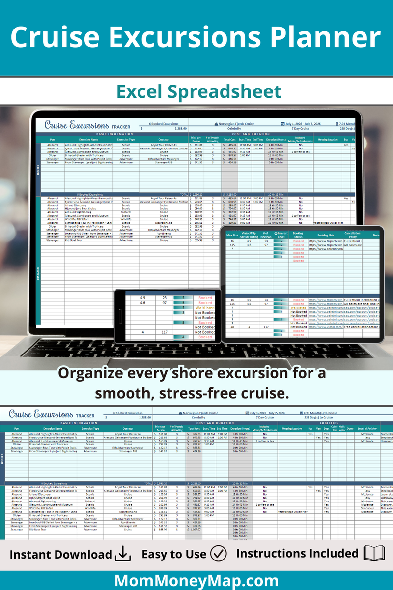 Cruise Excursion Planner Excel Spreadsheet | Trip Organizer – Mom Money Map