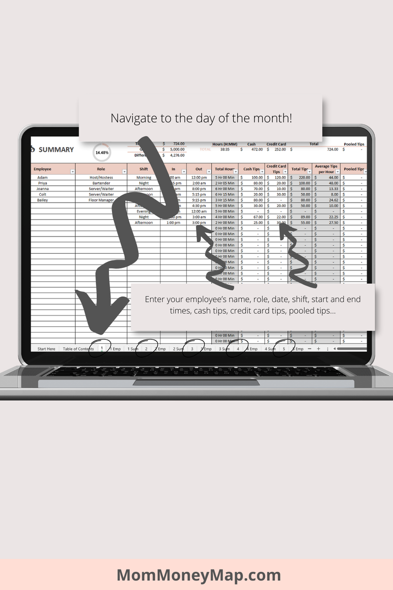 Tips Tracker for Managers Excel Spreadsheet with Daily and Monthly Sum ...