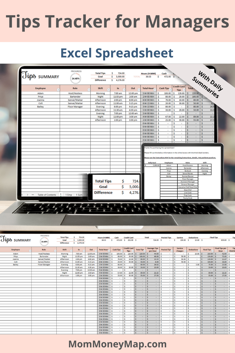 Tips Tracker for Managers Excel Spreadsheet with Daily Summary Log ...
