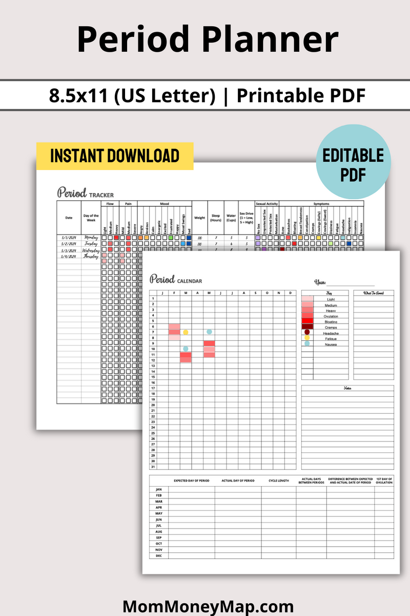 Period Planner Printable Bundle PDF for Cycle & Health Tracking – Mom ...