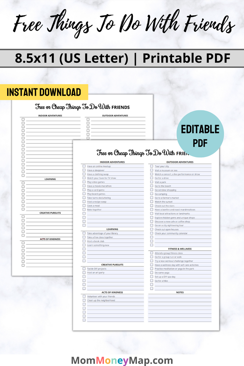 Free or Cheap Things To Do With Friends Printable PDF List – Mom Money Map