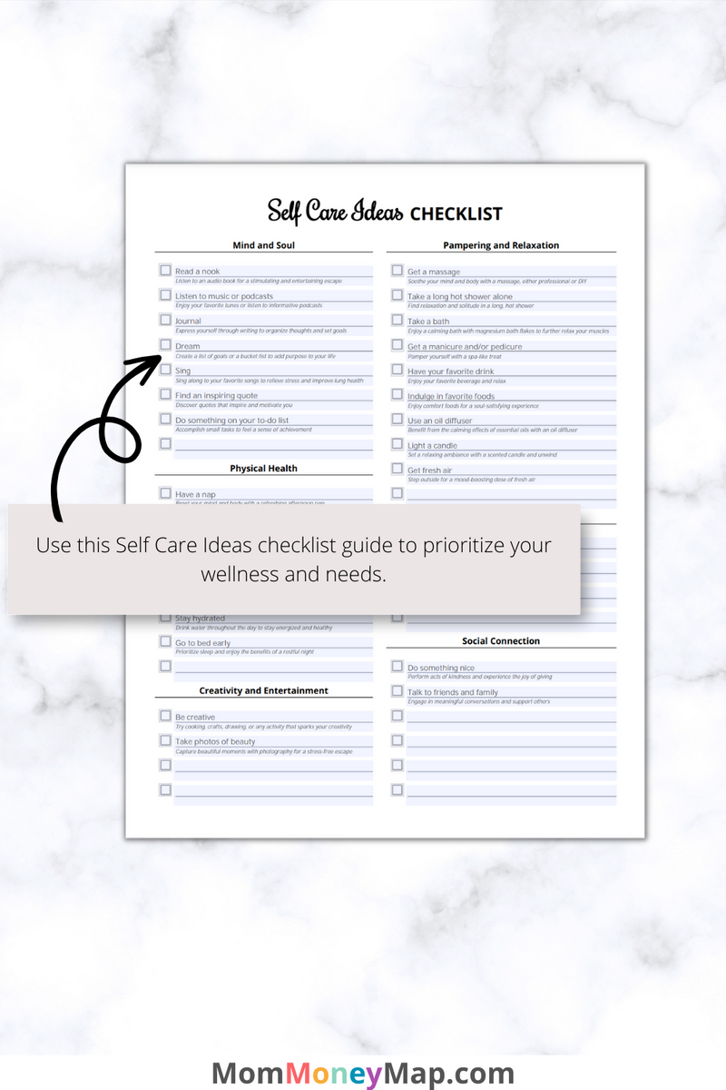 Self-Care Ideas Checklist Printable PDF for Daily Wellness – Mom Money Map
