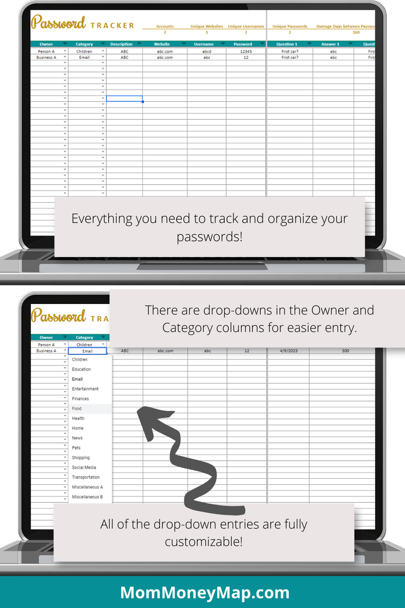 Password Tracker Google Sheets Spreadsheet – Mom Money Map