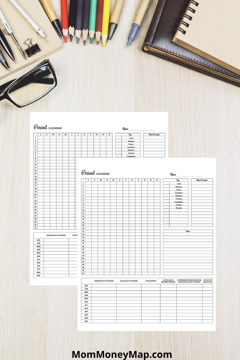 Period Calendar Printable PDF for Menstrual Cycle Tracking – Mom Money Map