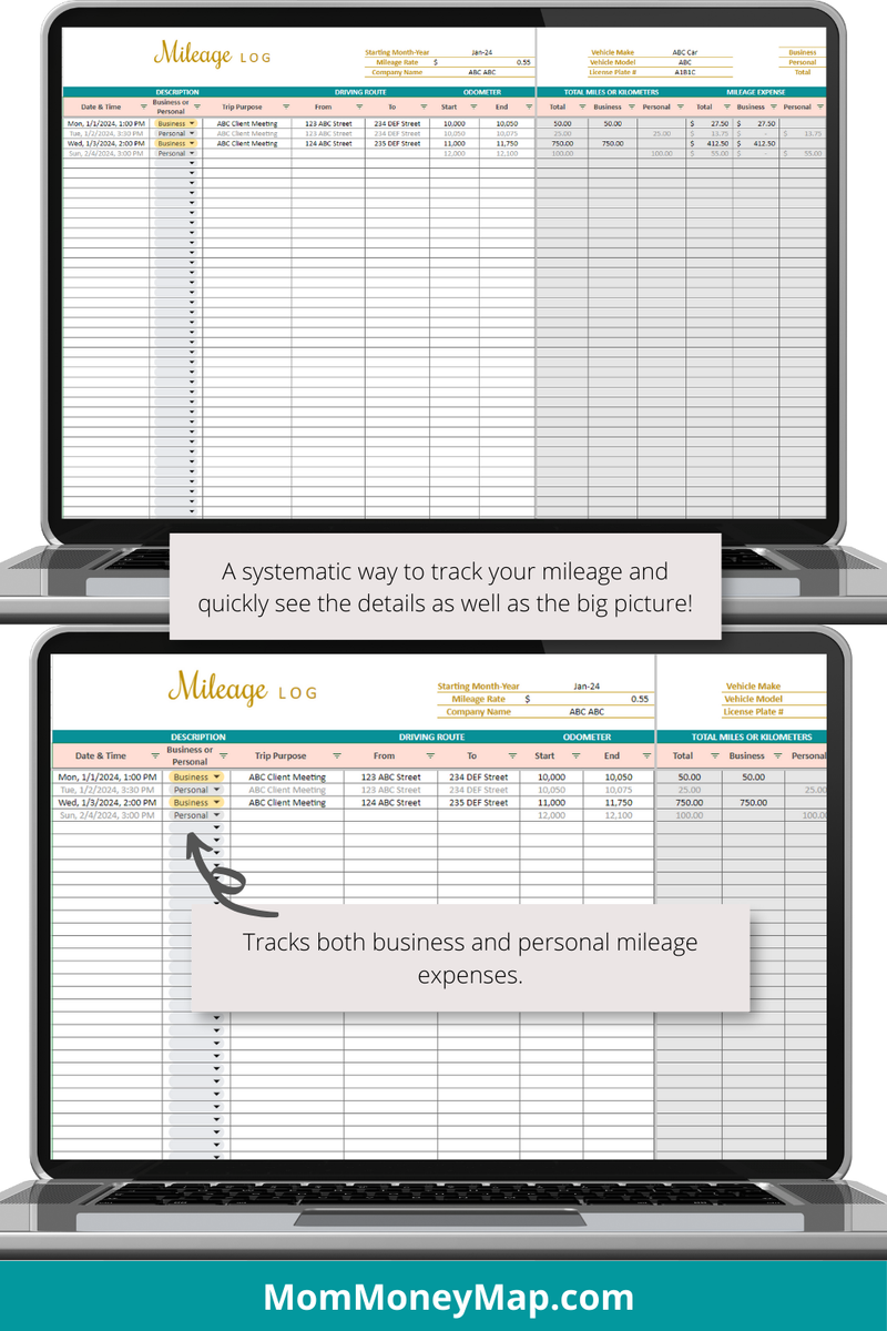 Mileage Log Google Sheets Spreadsheet - Business vs. Personal Expenses ...
