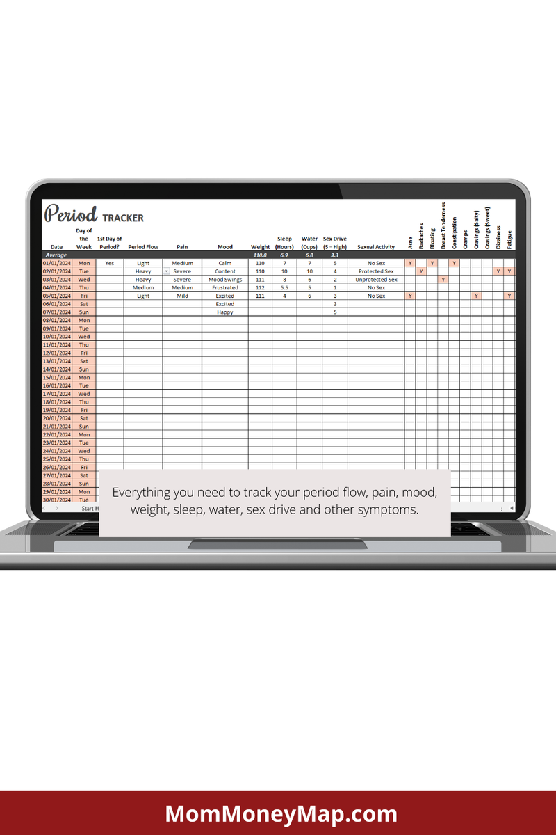 Period Tracker Excel Spreadsheet – Track Menstrual Cycles Up to 10 ...